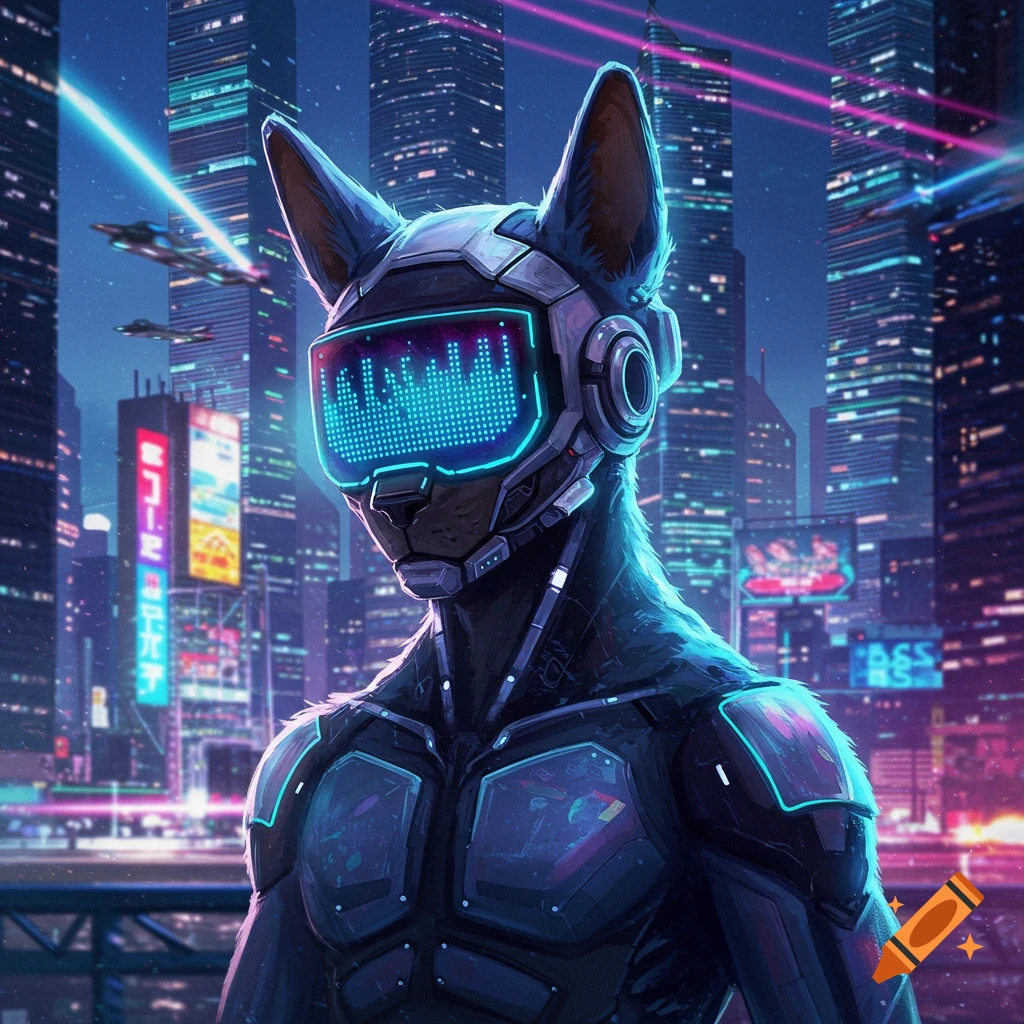 A powerful cyberpunk shark overlord in intricate glowing armor stands ...