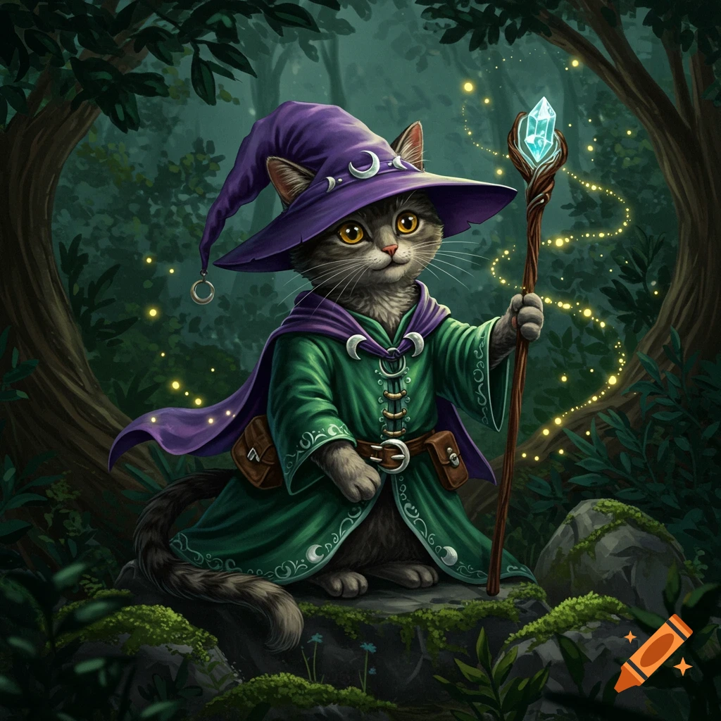 A cute green fox-like creature in a white wizard hat and cape smiles in ...