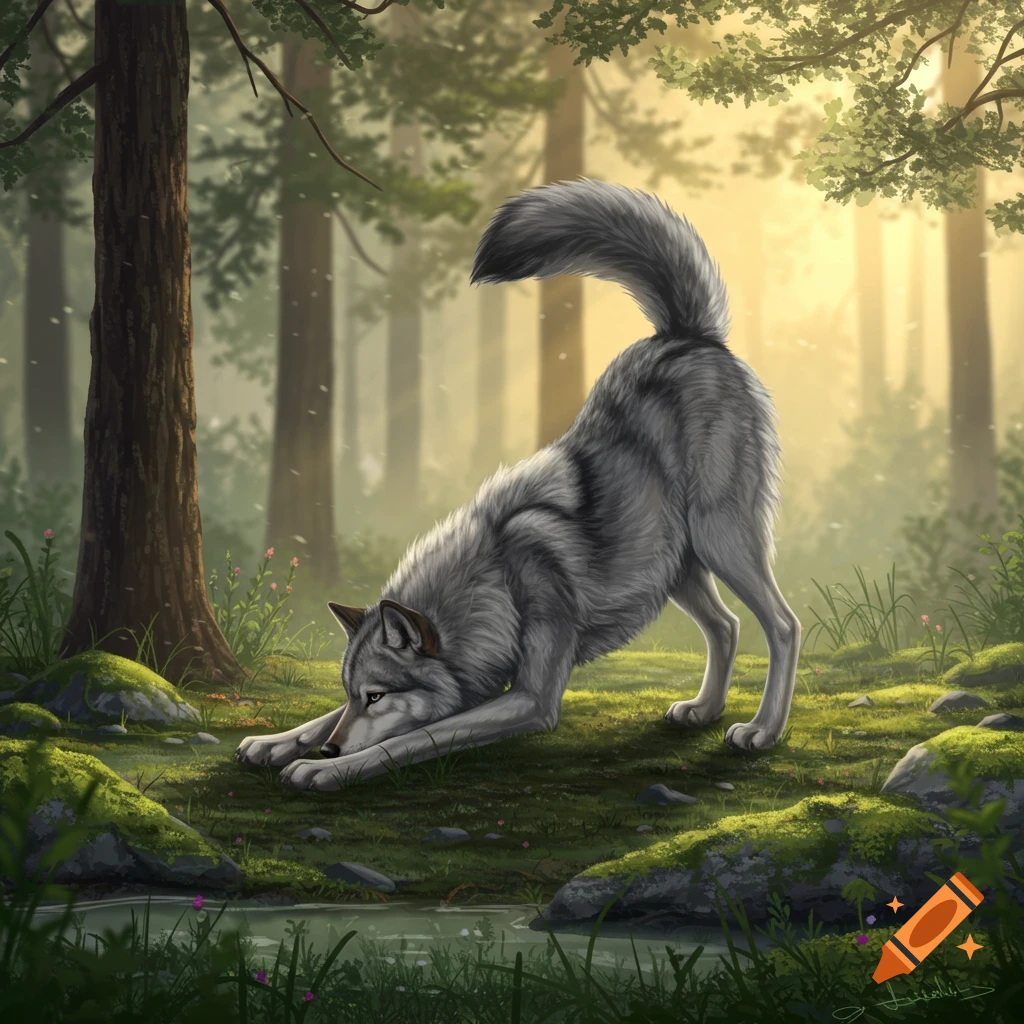 A stylized gray wolf with a green collar stands in a sunlit forest ...
