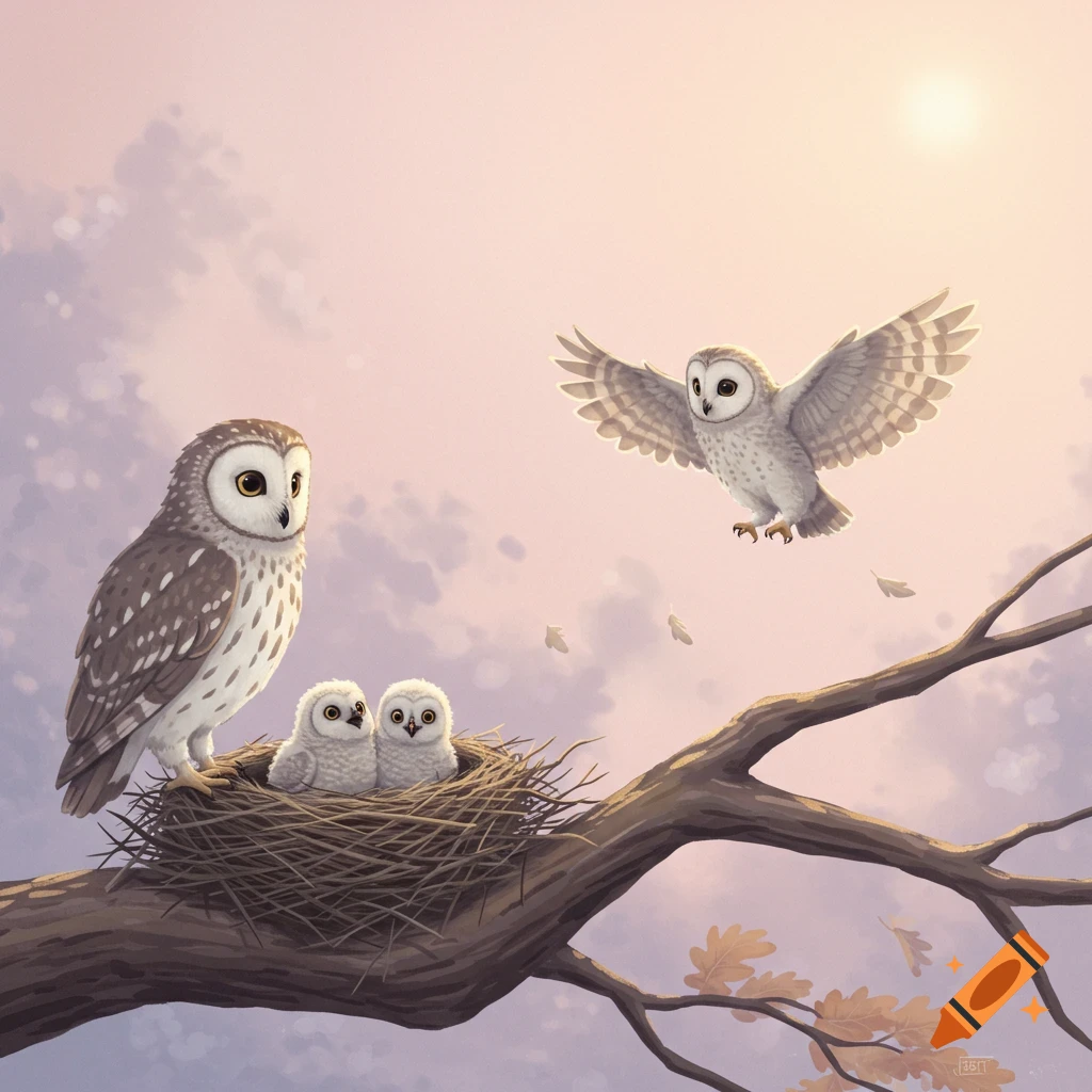 A white barn owl perches on an old stone wall adorned with pink and ...