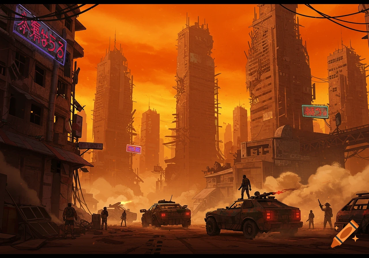 A dystopian post-apocalyptic city with destroyed buildings ...