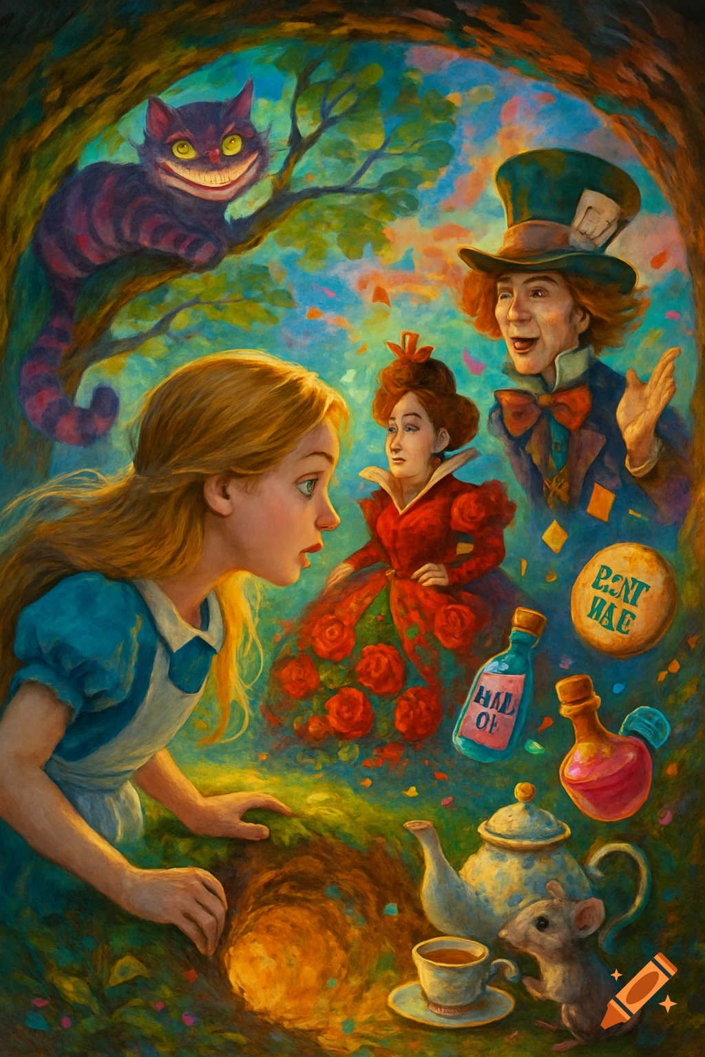 Vibrant, painterly scene from Alice in Wonderland with Alice, the Mad ...