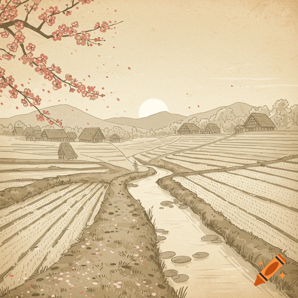 Illustration of a Japanese countryside with cherry blossoms, rice ...