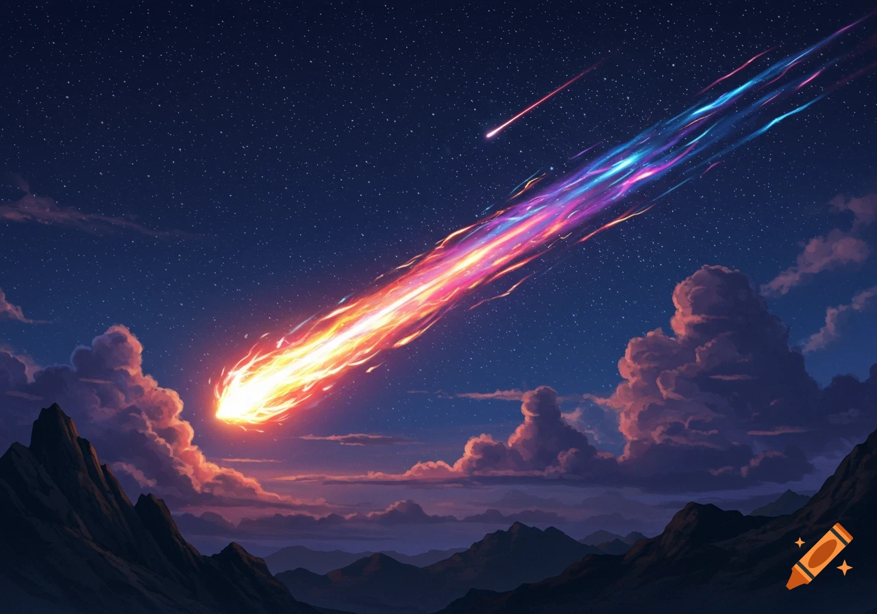 A vibrant meteor shower illuminates a dark, starry night sky above a ...