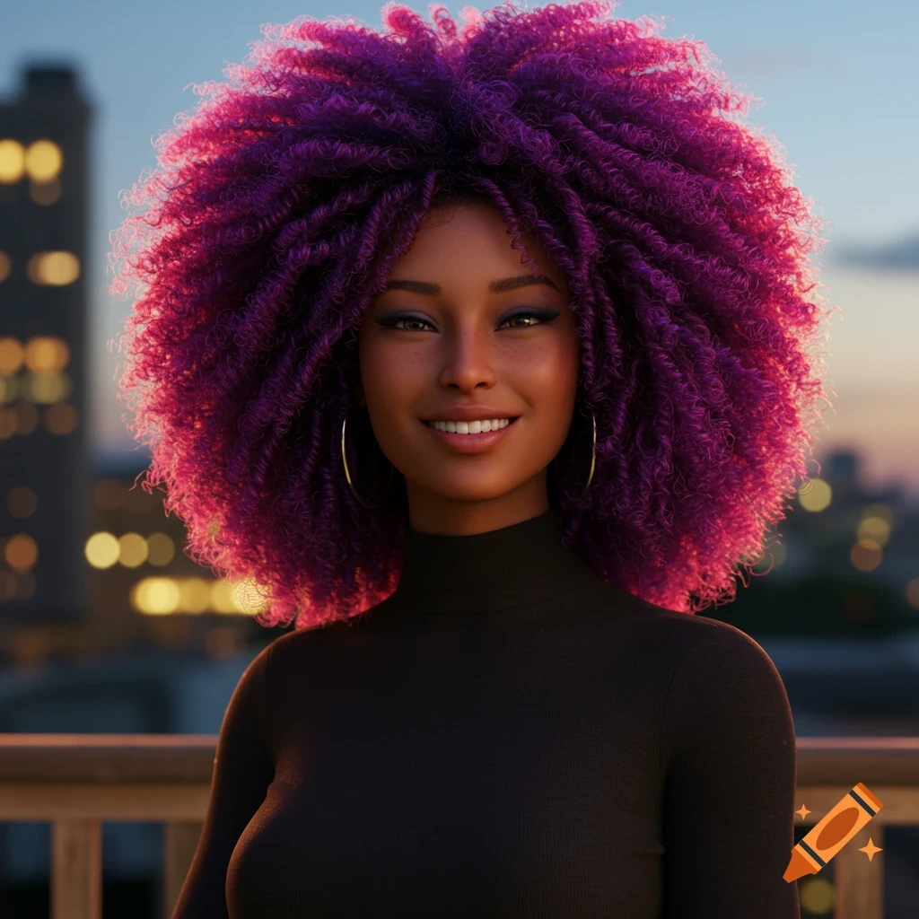 Photorealistic portrait of a smiling woman with voluminous bright ...