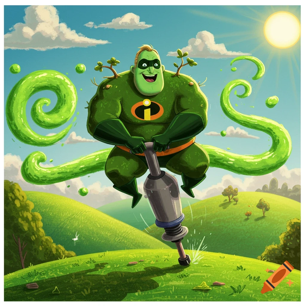 A green, muscular superhero resembling Mr. Incredible drills into a ...