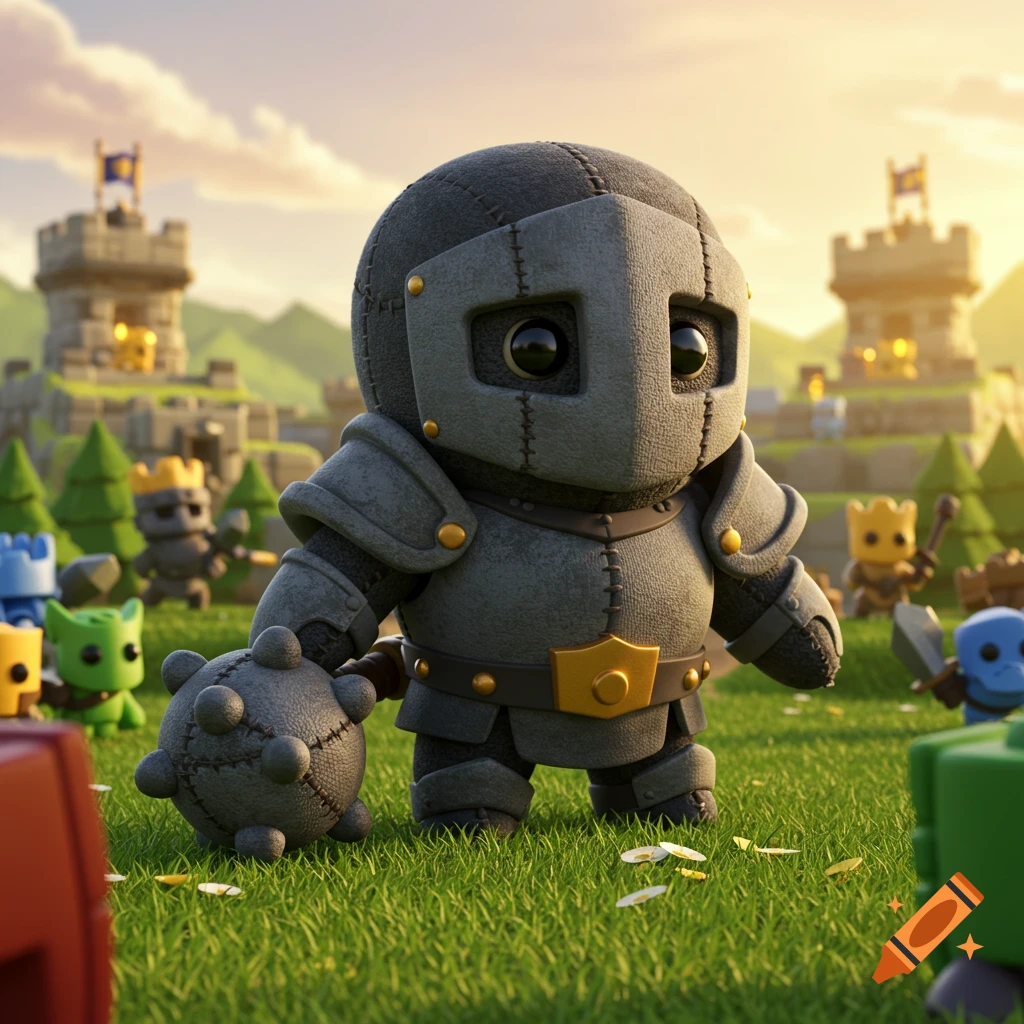 A cute mega knight plushie stands in a grassy field surrounded by other ...