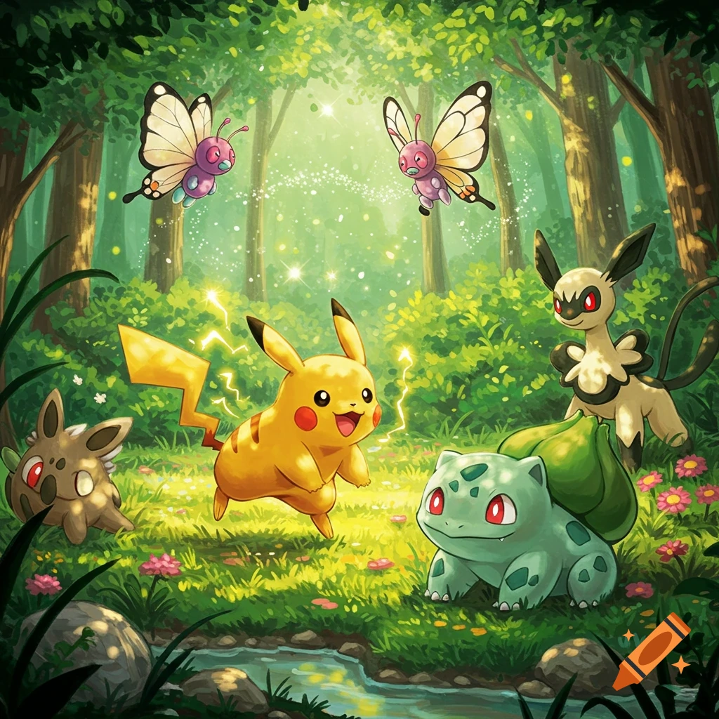 Vibrant cartoon illustration of Bulbasaur and other Pokémon in a lush ...