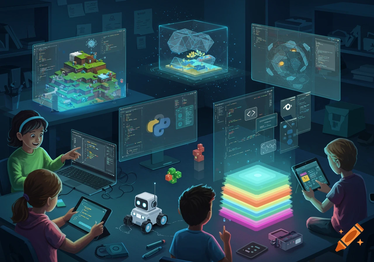 Children learn coding and robotics in a stylized, futuristic classroom ...