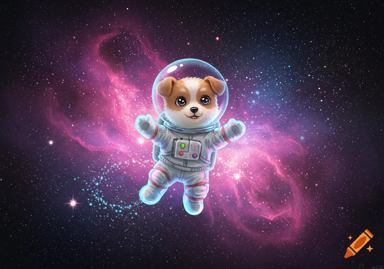 A cute cartoon dog wearing an astronaut suit floats in a vibrant pink ...