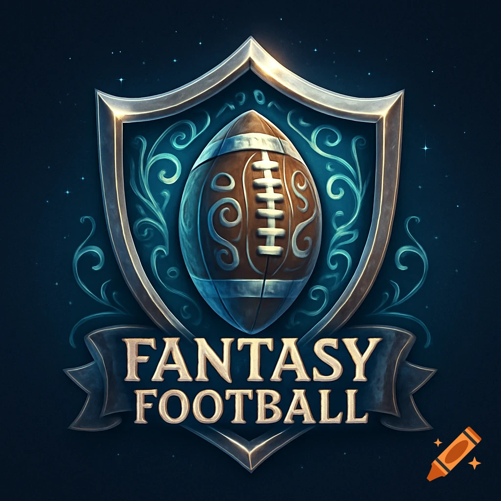 A stylized fantasy football logo featuring a football centered on a ...