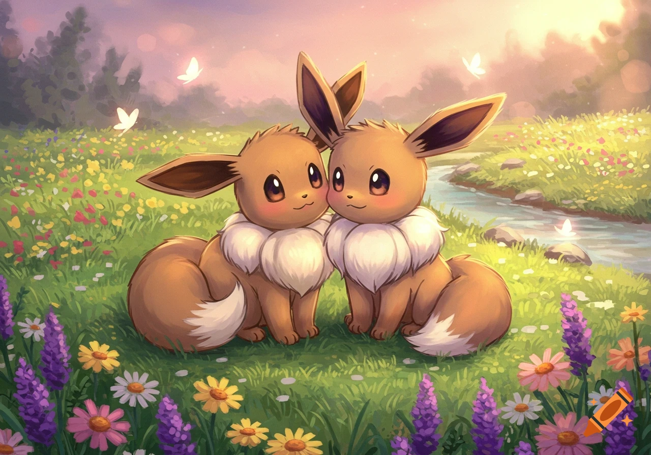 Two cute Eevee Pok emon cuddle in a vibrant flower field by a stream ...