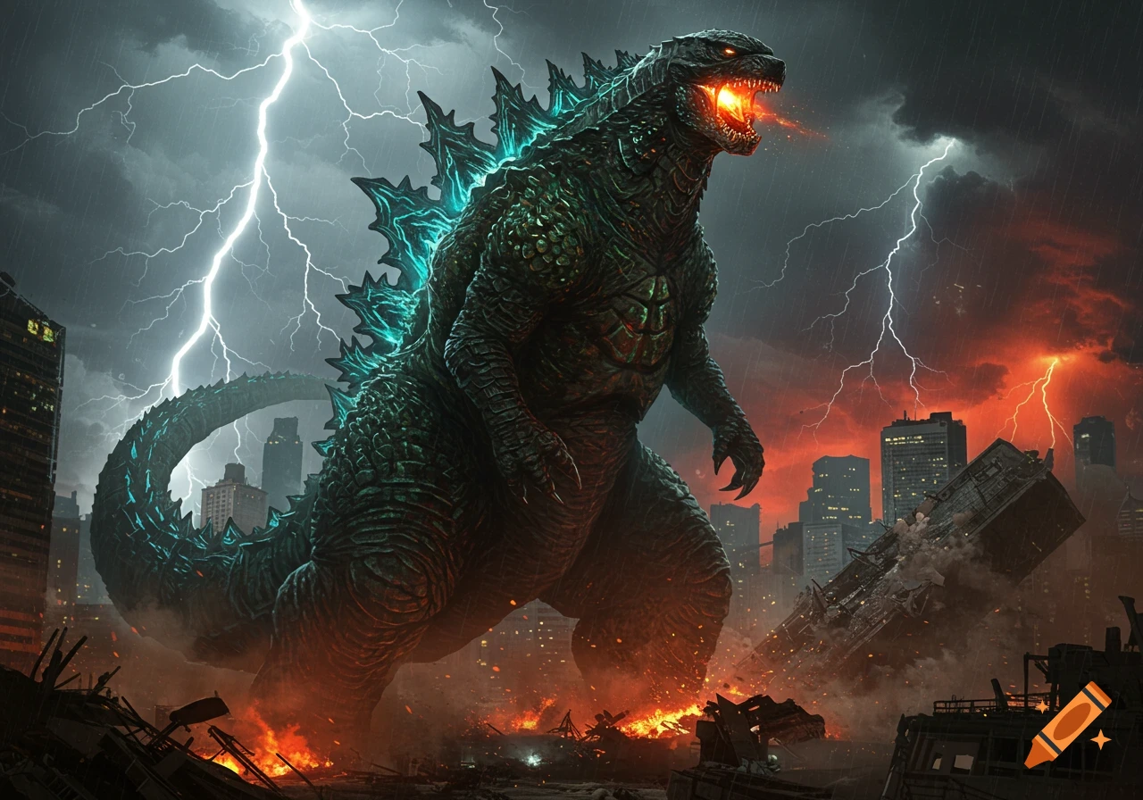 Giant Godzilla, with glowing blue spines and atomic breath, stands over ...