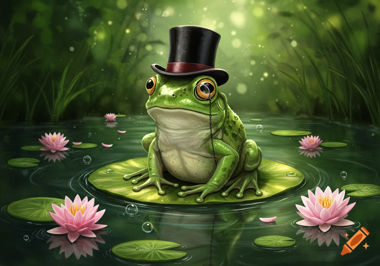 Kermit the Frog sits peacefully in a pond among lily pads and pink ...