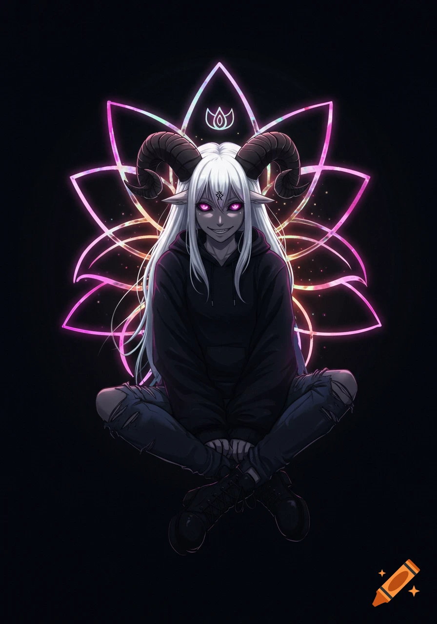 Anime demon girl with white hair and horns, wearing a black hoodie and ...