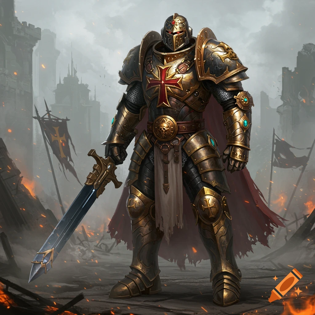 A heavily armored knight in ornate gold and dark power armor stands ...