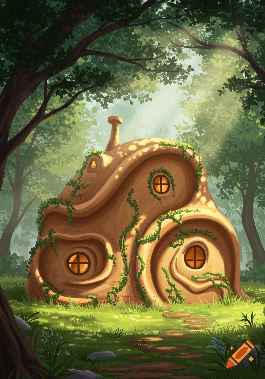 A whimsical, round cob house with vines and glowing circular windows ...