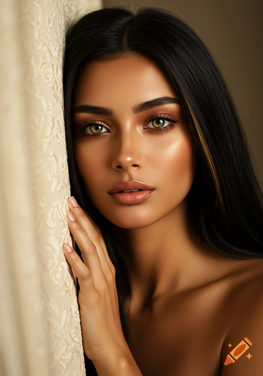 Photorealistic portrait of a woman in an elegant bedroom, sitting on a ...