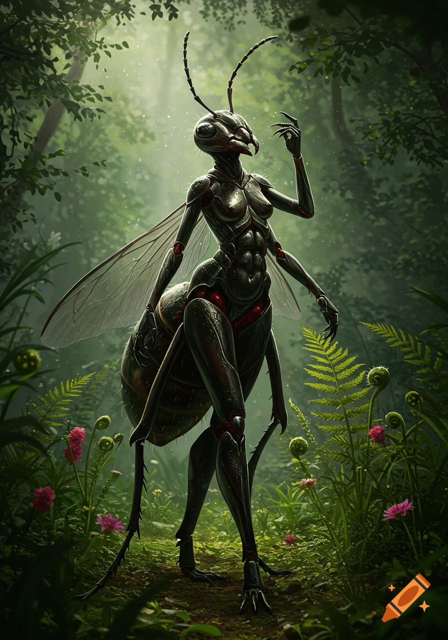 An anthropomorphic ant-woman with wings and a dark exoskeleton stands ...