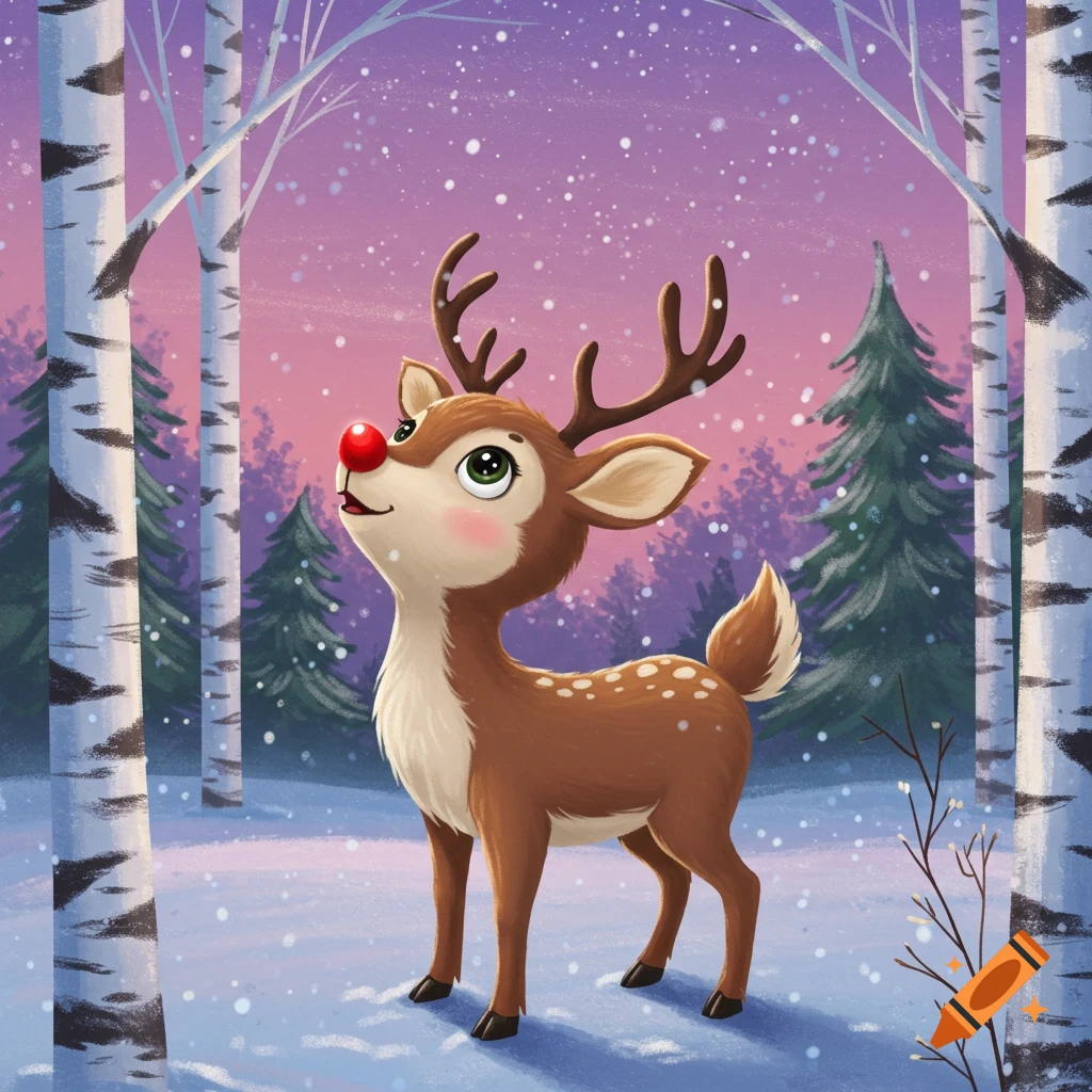 A cute cartoon fawn stands in a snowy forest with bare trees and ...