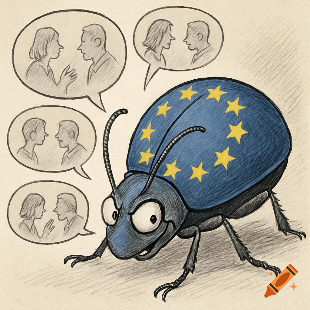 A satirical cartoon illustration of a bug with the EU flag on its back ...