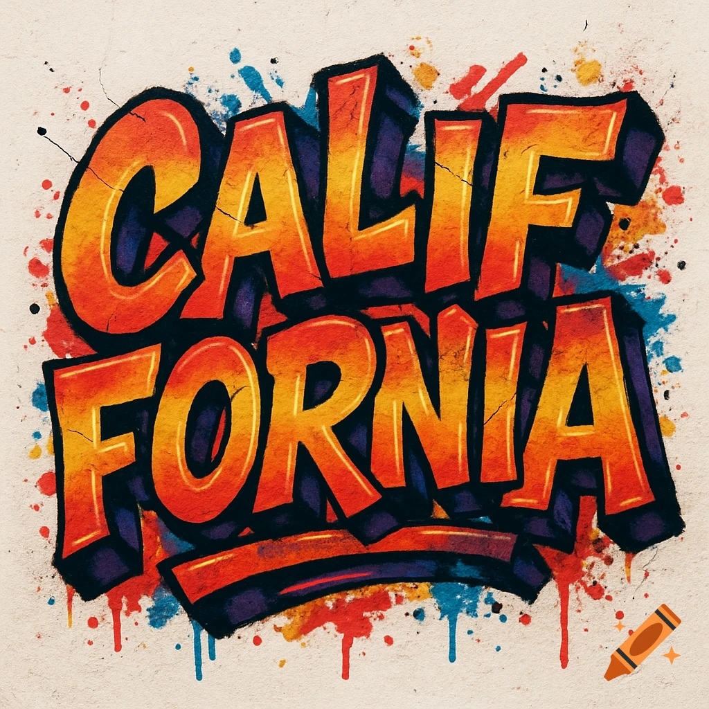 Vibrant graffiti illustration of the word CALIFORNIA in thick orange ...