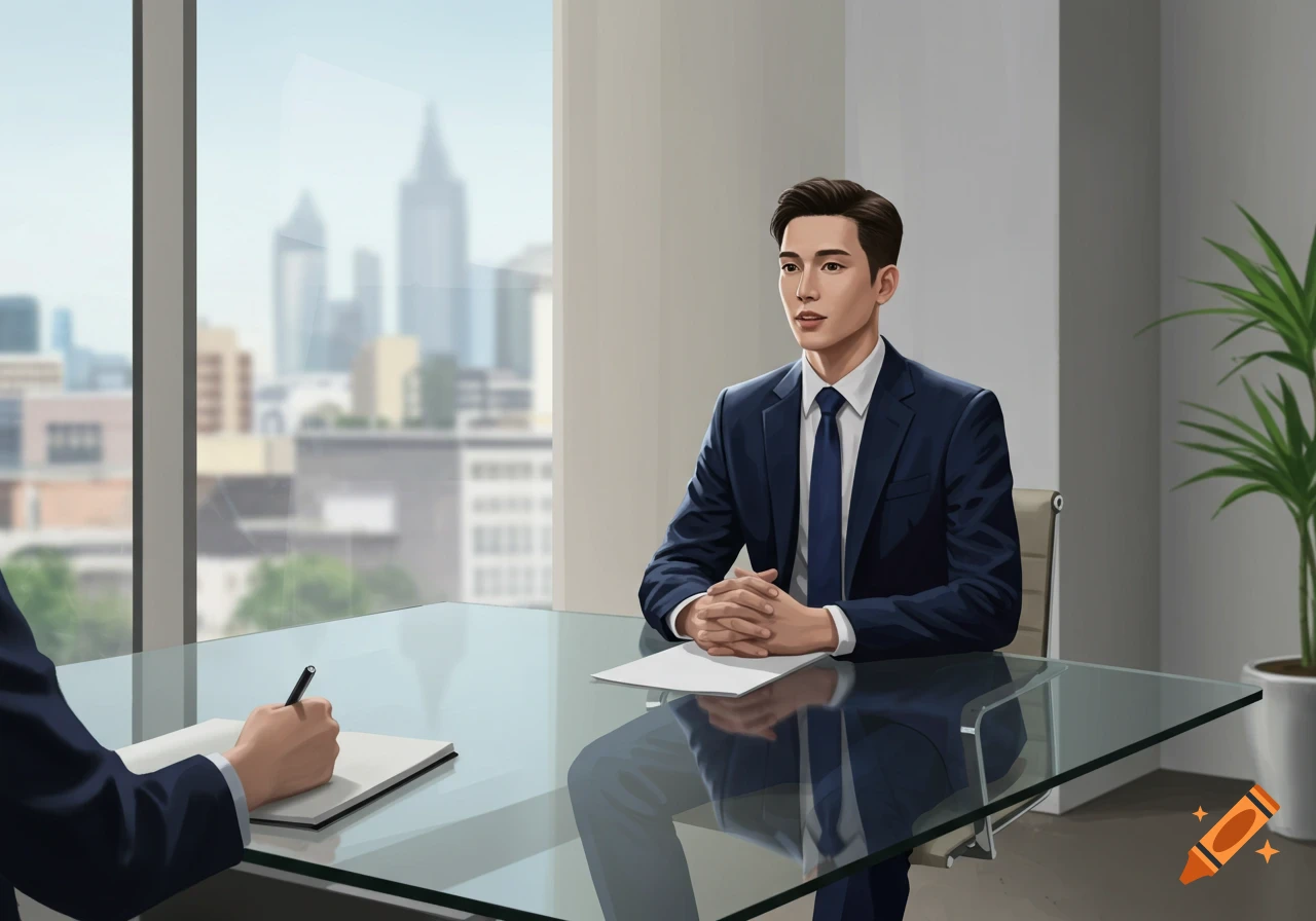 Two men in suits conducting an interview at a glass desk in a modern ...