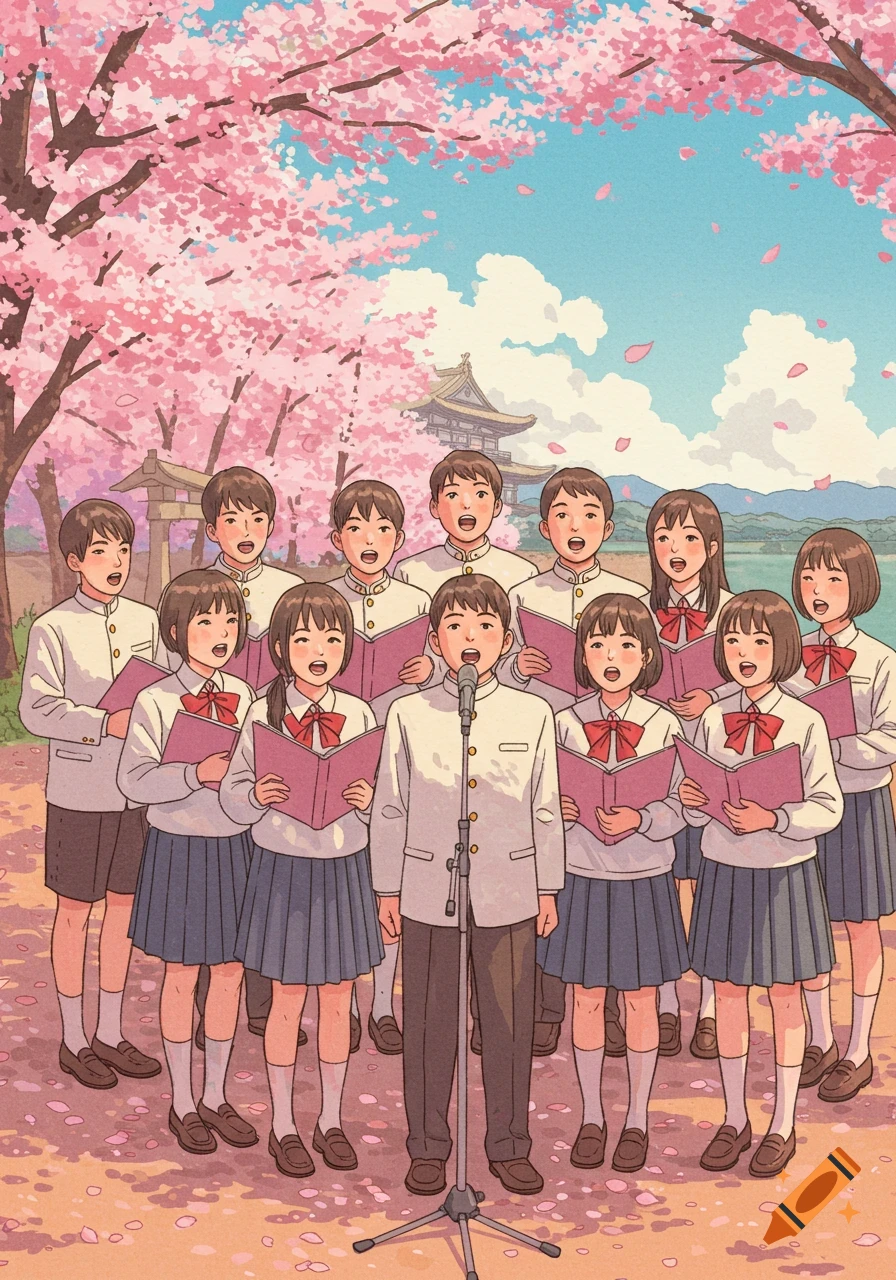 An anime illustration of Japanese middle school students in uniform ...