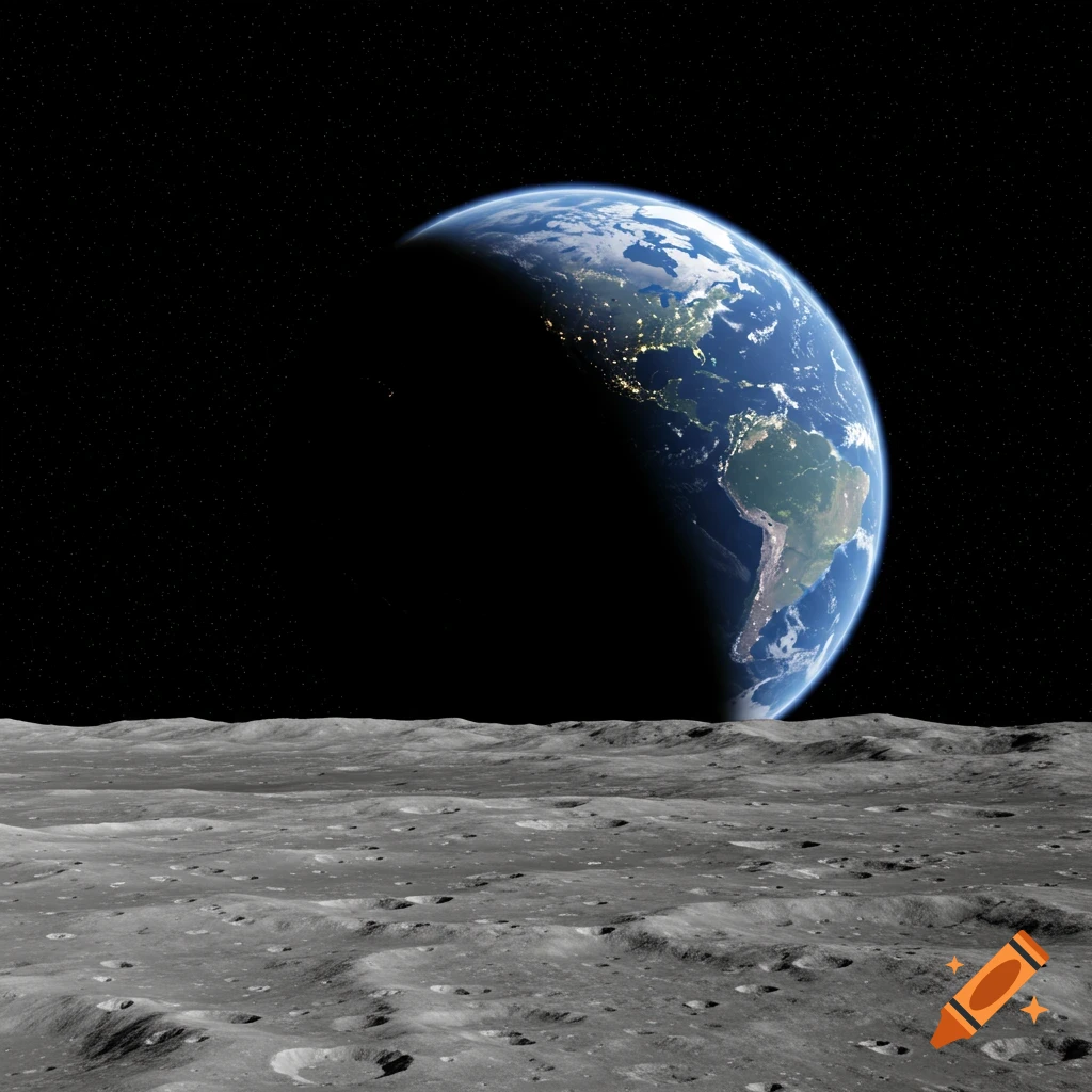 A photorealistic view of Earth rising over a cratered moon landscape in ...