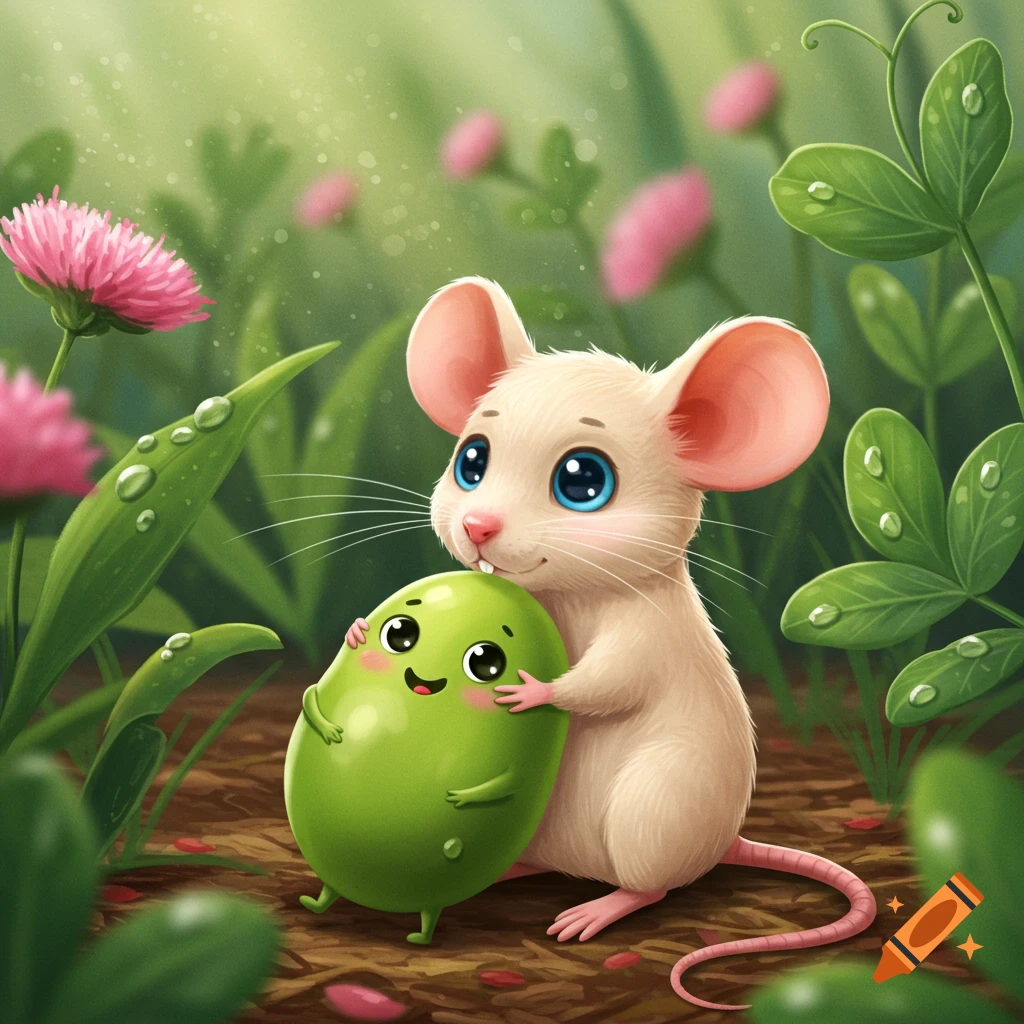 A cute white mouse with blue eyes hugs a smiling green pea character in ...