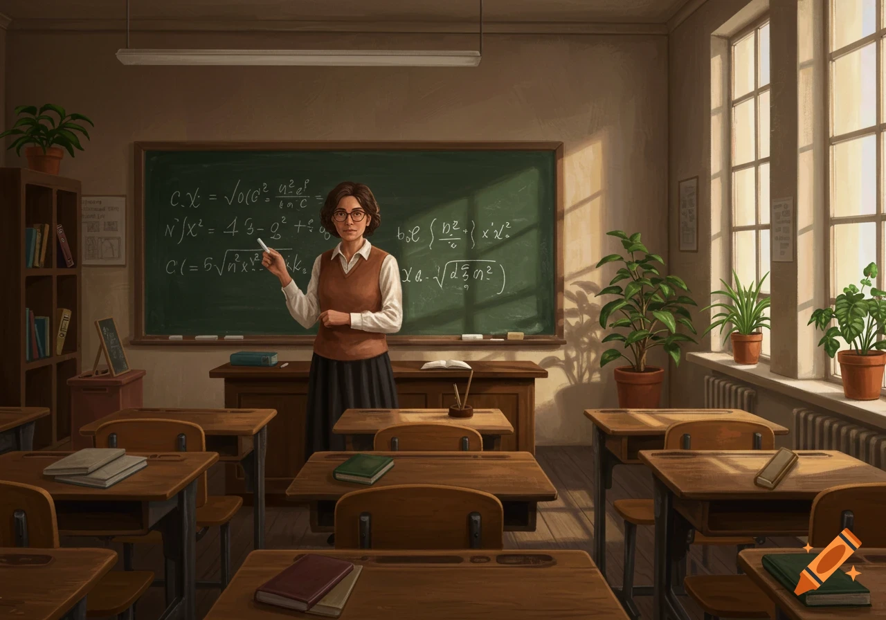 A female teacher wearing glasses and a vest stands in a classroom ...