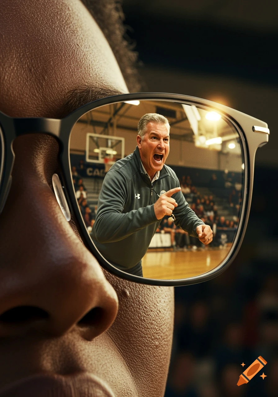 Close-up of a person's face with glasses reflecting an angry basketball ...