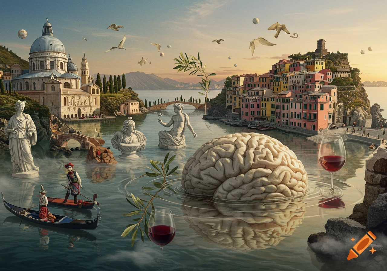 Surreal landscape with a giant brain in water, classical statues ...