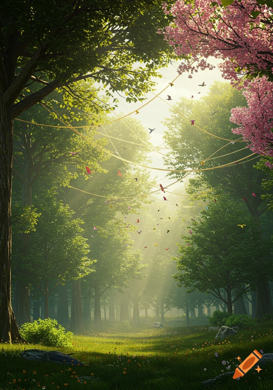 Many garden forks with wooden handles are arranged in a large circle ...