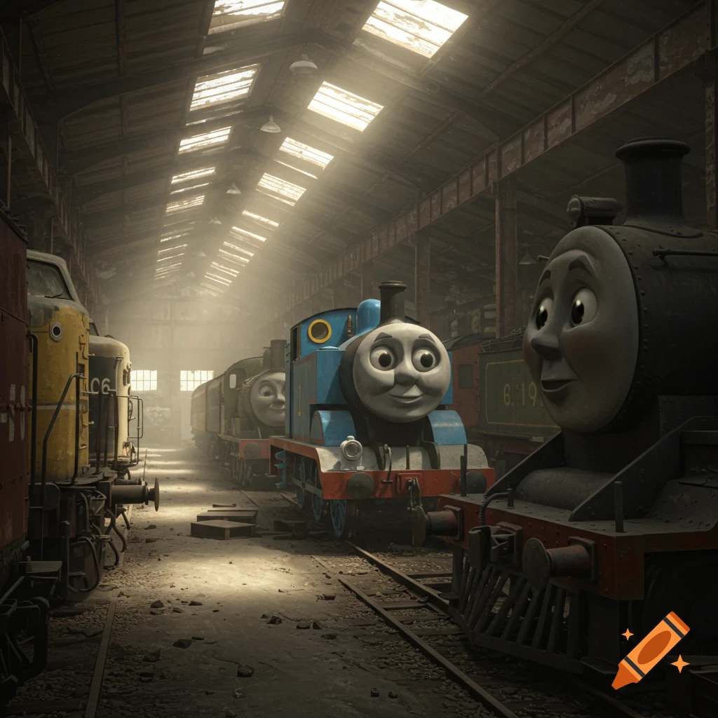 A cheerful, blue and orange cartoon train with a smiling face on its ...