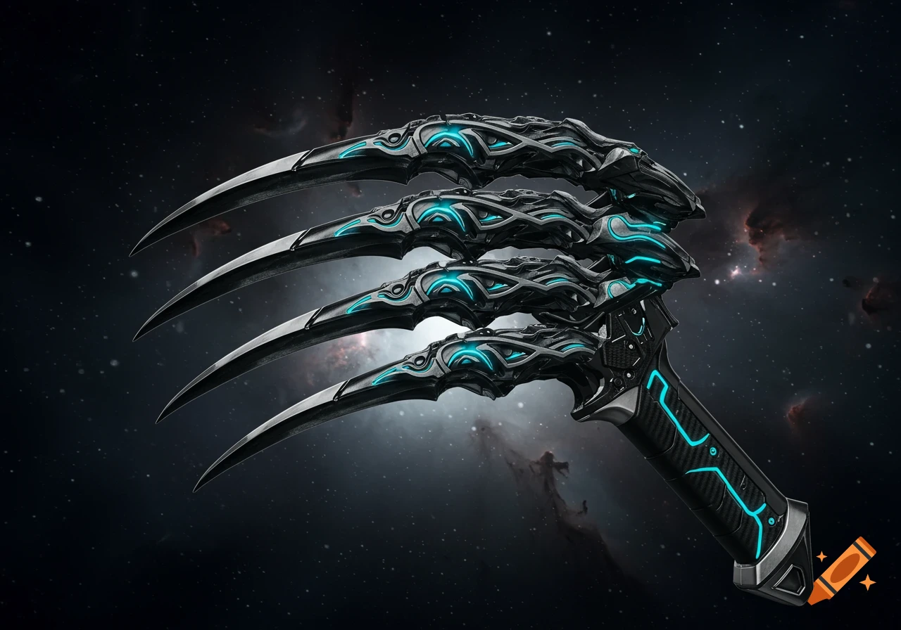 A futuristic black and silver claw weapon with glowing blue accents ...
