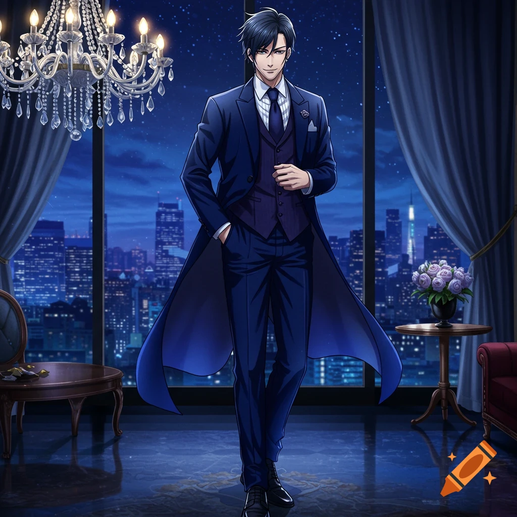 A stylish anime man in a dark blue suit stands in an elegant room ...