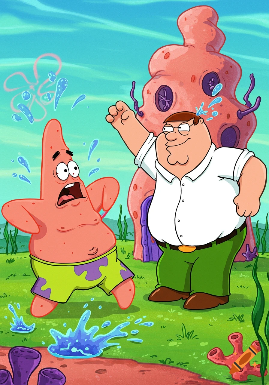 Patrick Star looks scared as Peter Griffin raises his fist, surrounded ...