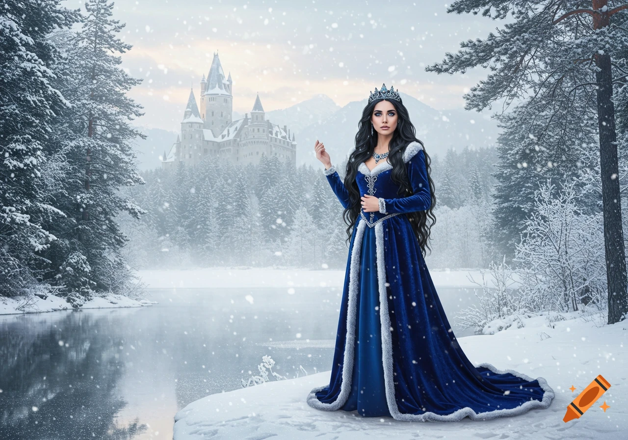 A dark-haired princess in a blue velvet gown and crown stands in a ...