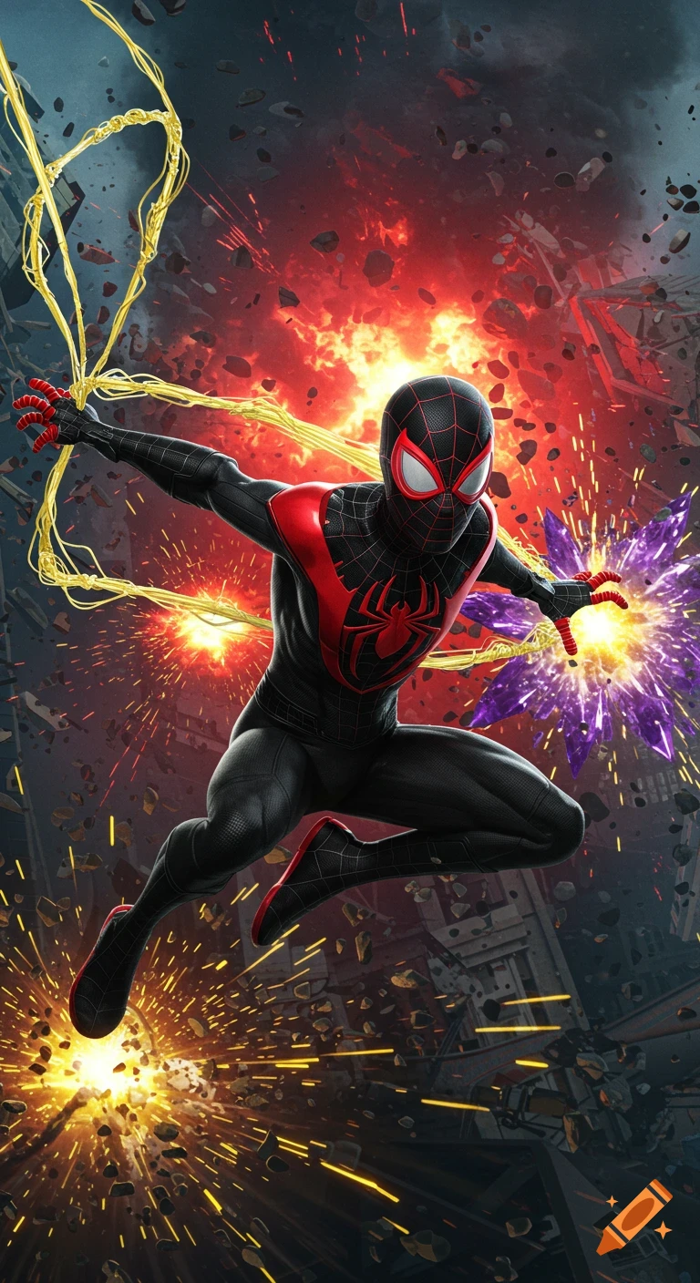 Miles Morales in his black and red Spider-Man suit, leaping dynamically ...