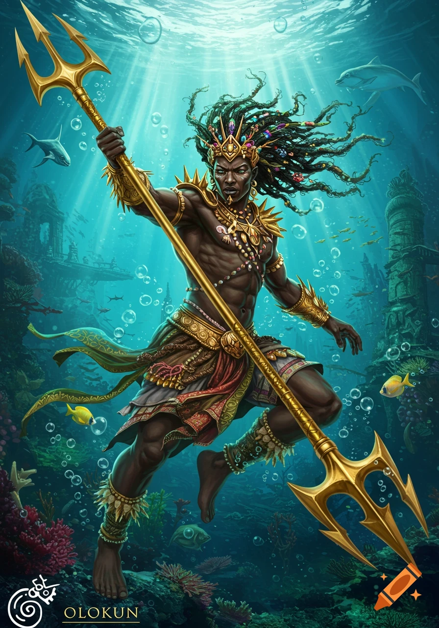 A powerful Black god, Olokun, with dreadlocks and golden armor, wields a trident underwater ...
