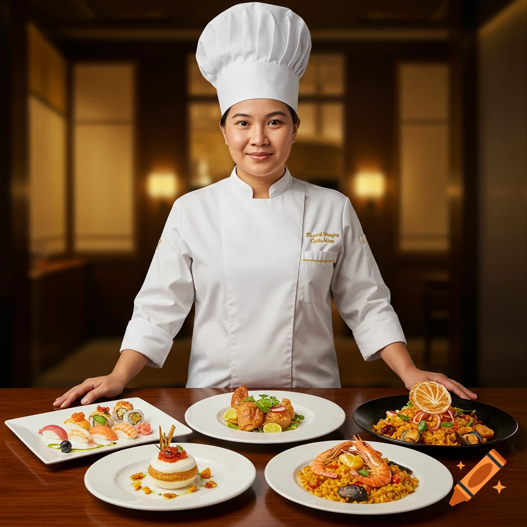 A photorealistic image of a female chef in a white uniform standing ...