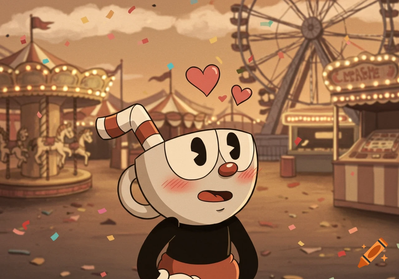 Cuphead, blushing with hearts above his head, stands at a carnival with ...