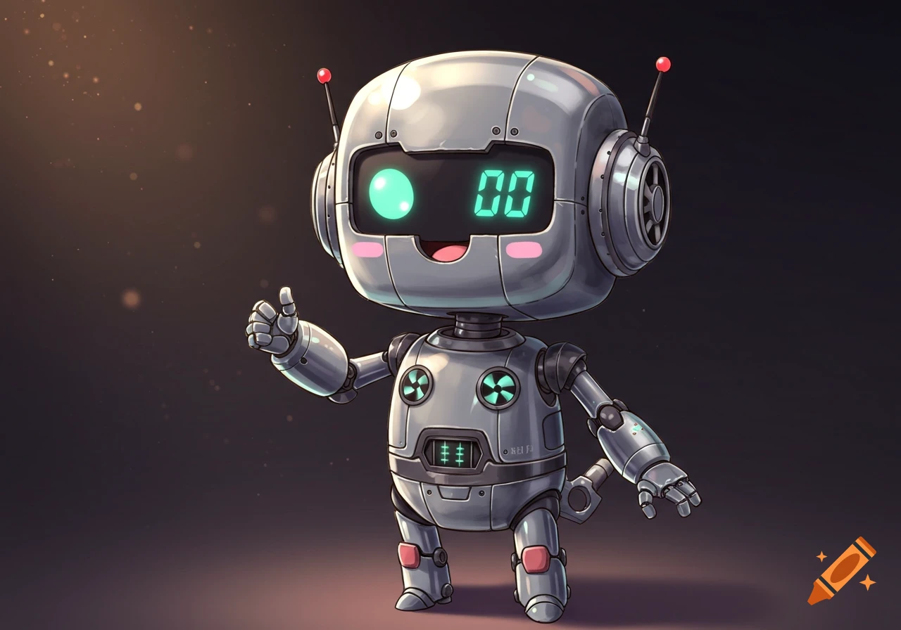 A cute, shiny metallic anime-style chibi robot with digital '00' eyes ...