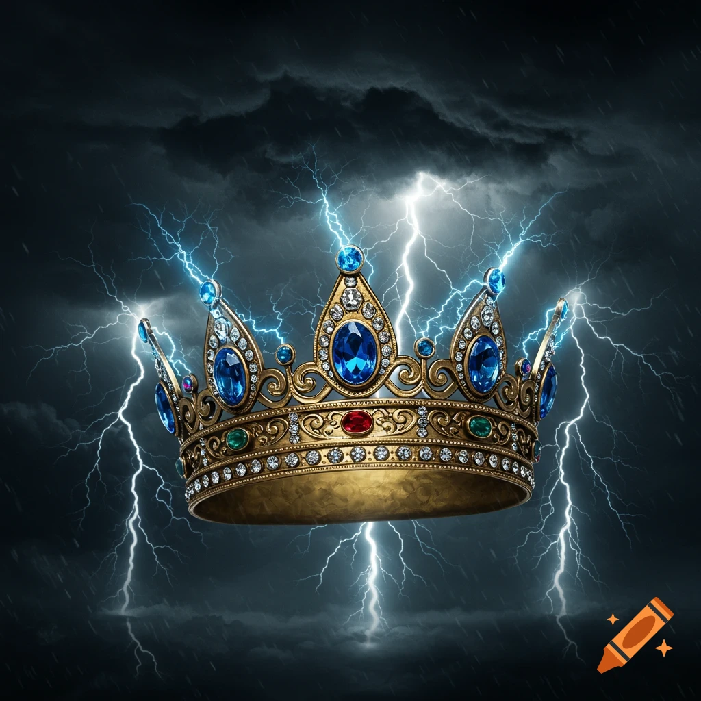 Two ornate crowns (gold with green gems, silver with blue gems), an ...