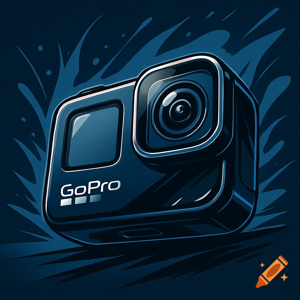 A stylized illustration of a dark blue GoPro action camera with a ...