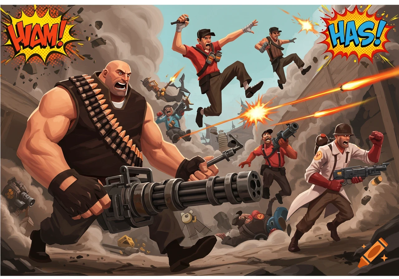 Heavy from Team Fortress 2, holding a minigun, confronts Jason Voorhees ...