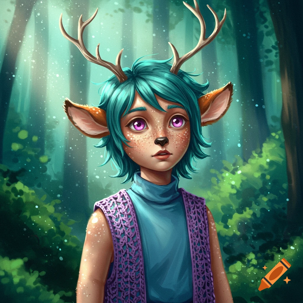 Stylized character with teal hair, deer ears, small antlers, pink eyes ...