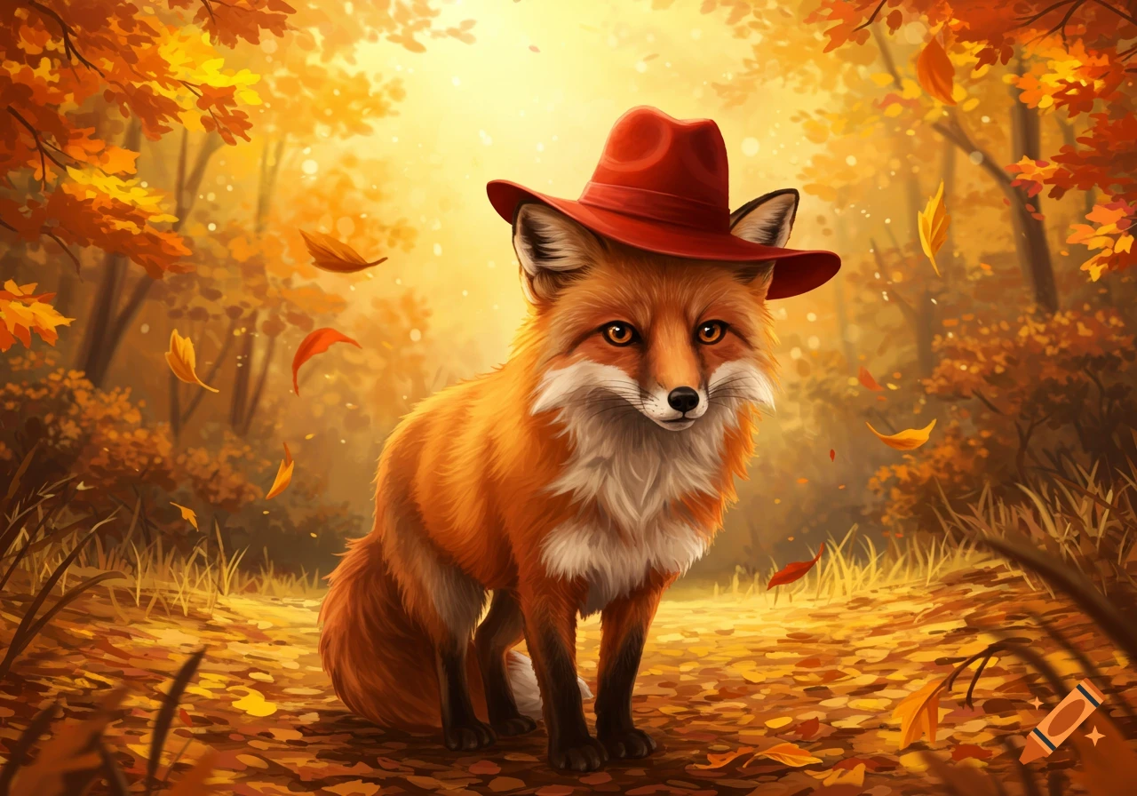 A happy cartoon turkey wearing a pilgrim hat stands among fallen autumn ...