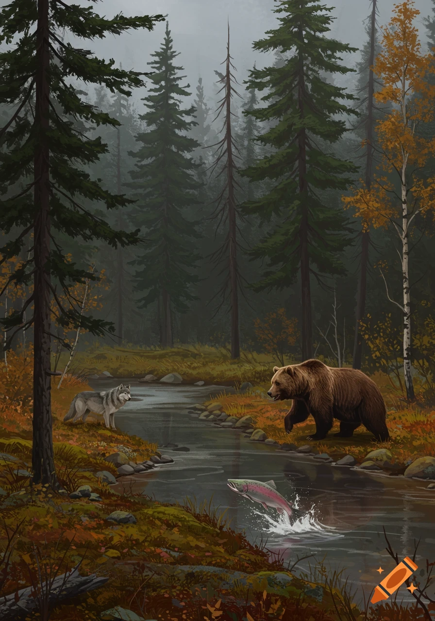 An illustrated autumn forest scene with a brown bear in a river, a ...